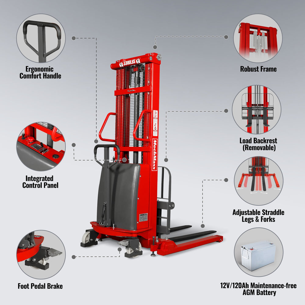 3300lbs Semi-Electric Straddle Stacker, 118" Lift, Adjustable Legs & F