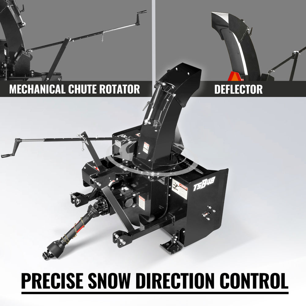 48" 3 Point PTO Snow Blower 24" Impeller Diameter 360° Snow Chute (PTO