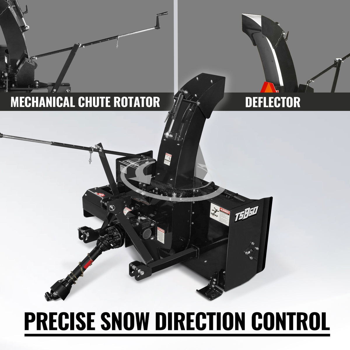 60" 3 Point PTO Snow Blower 24" Impeller Diameter 360° Snow Chute (PTO